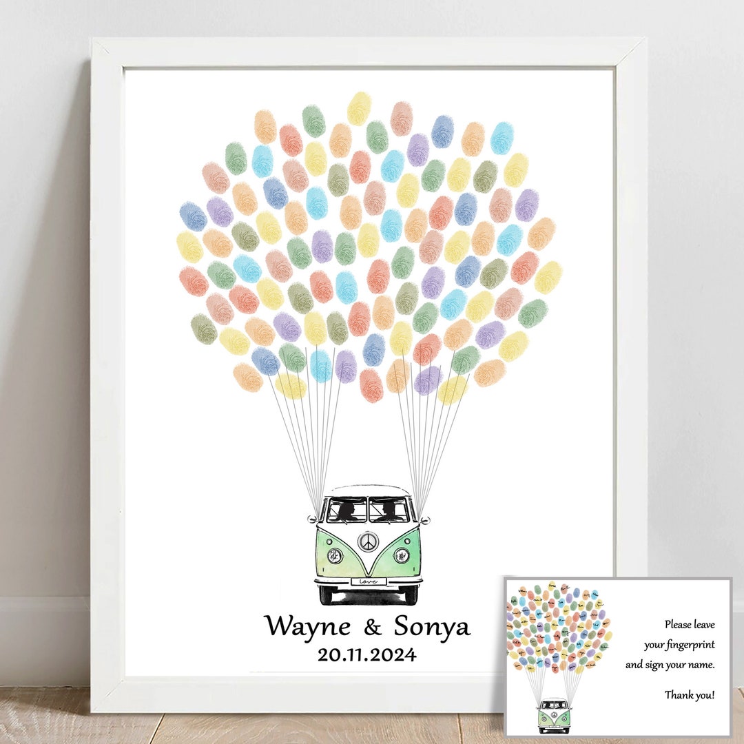Vintage Bus Wedding Fingerprint Guest Book, Printable Retro Party Decor ...