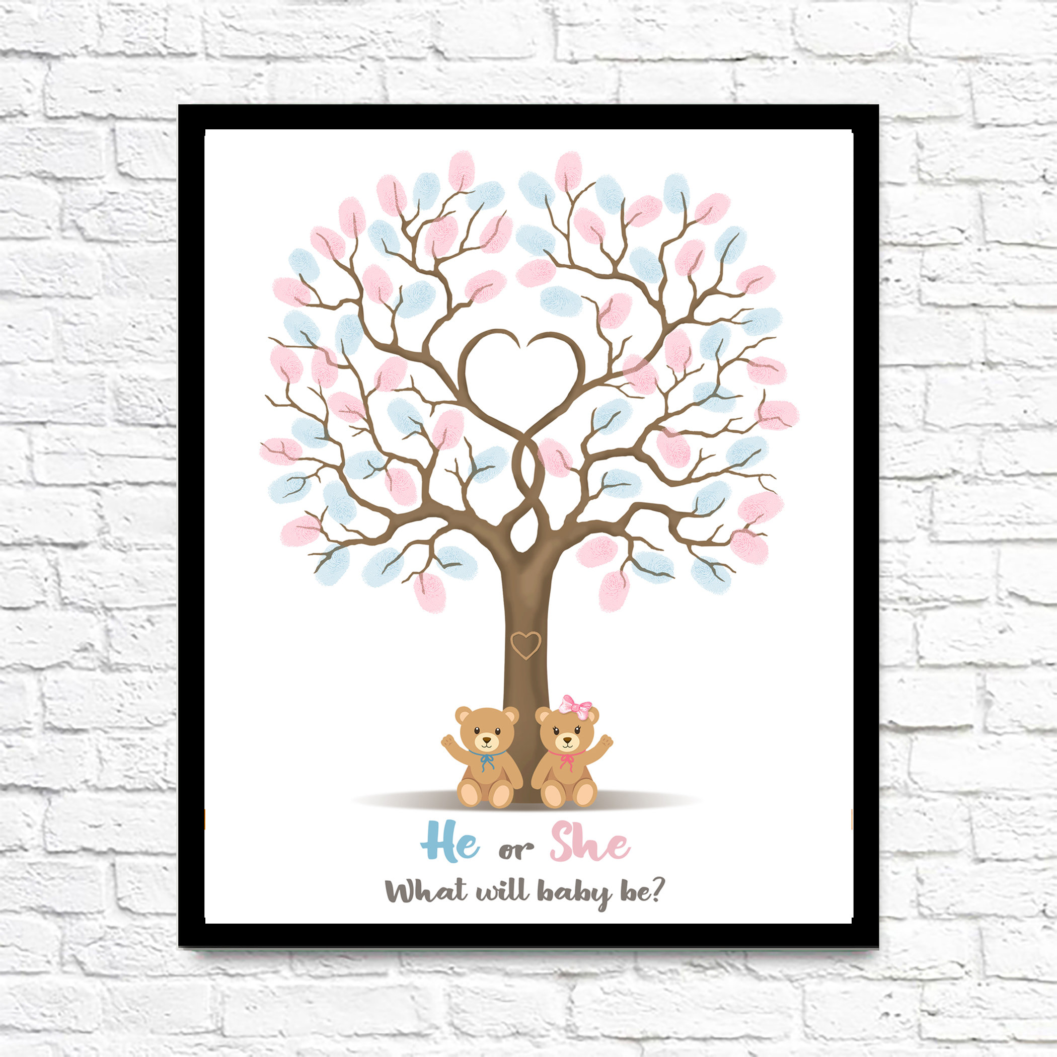 Teddy Bear Gender Reveal Tree Fingerprint Guest Book Blue Pink He She ...