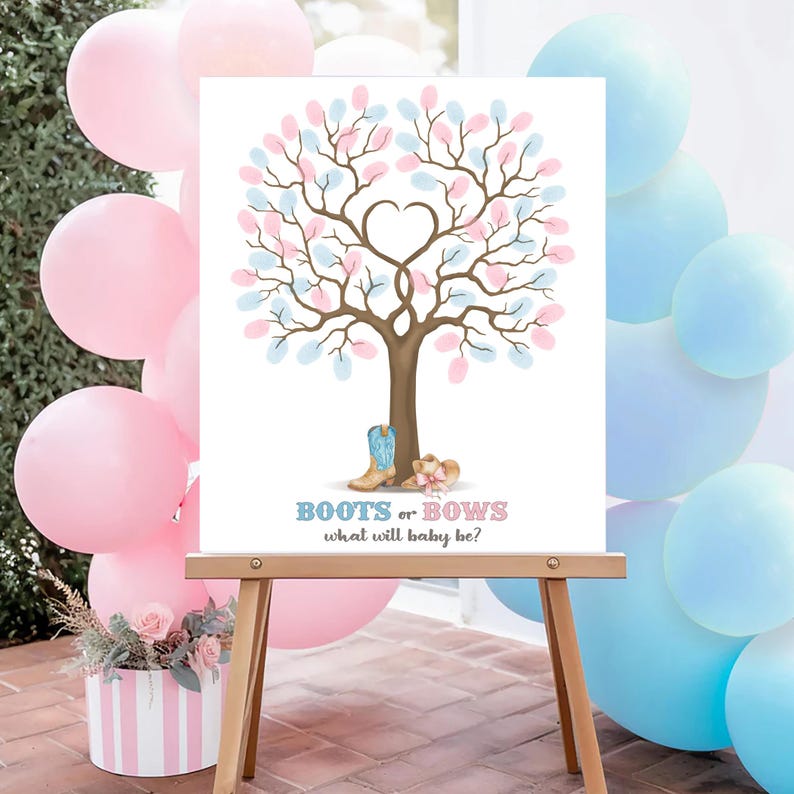 Boots or Bows Gender Reveal Tree Western Blue Pink Fingerprint Guest ...