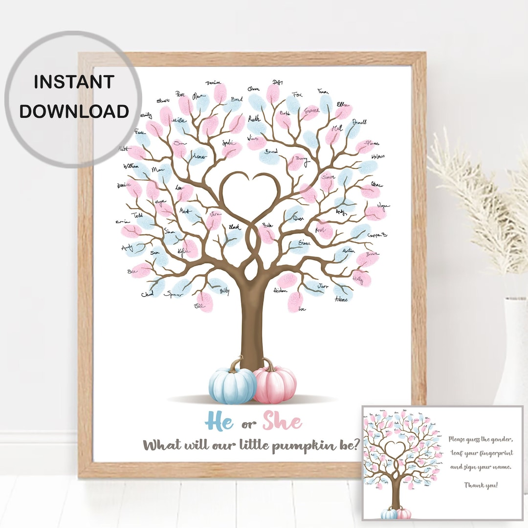 Pumpkin Gender Reveal Fingerprint Tree What Will Our Little Pumpkin Be, Fall Gender Reveal Ideas ...