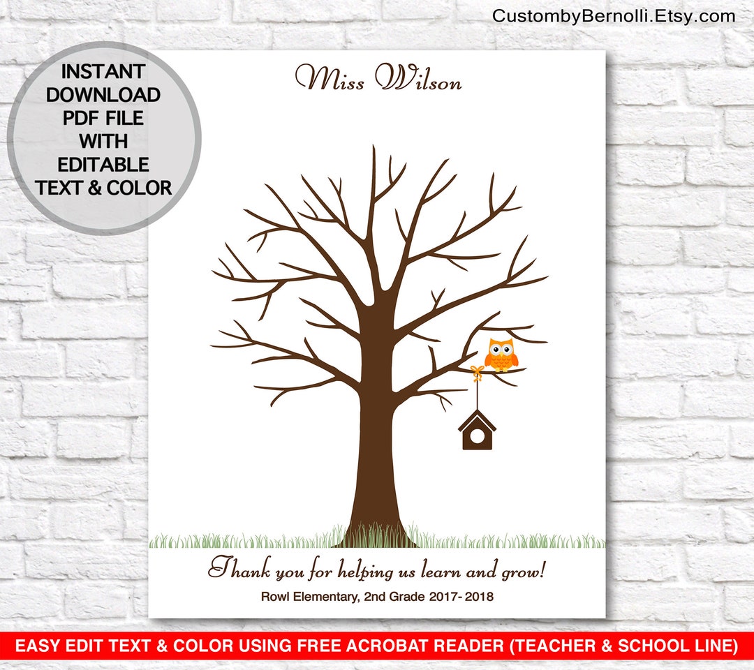 Teacher Appreciation Gift, Owl Fingerprint Tree Custom Gift for Teacher ...