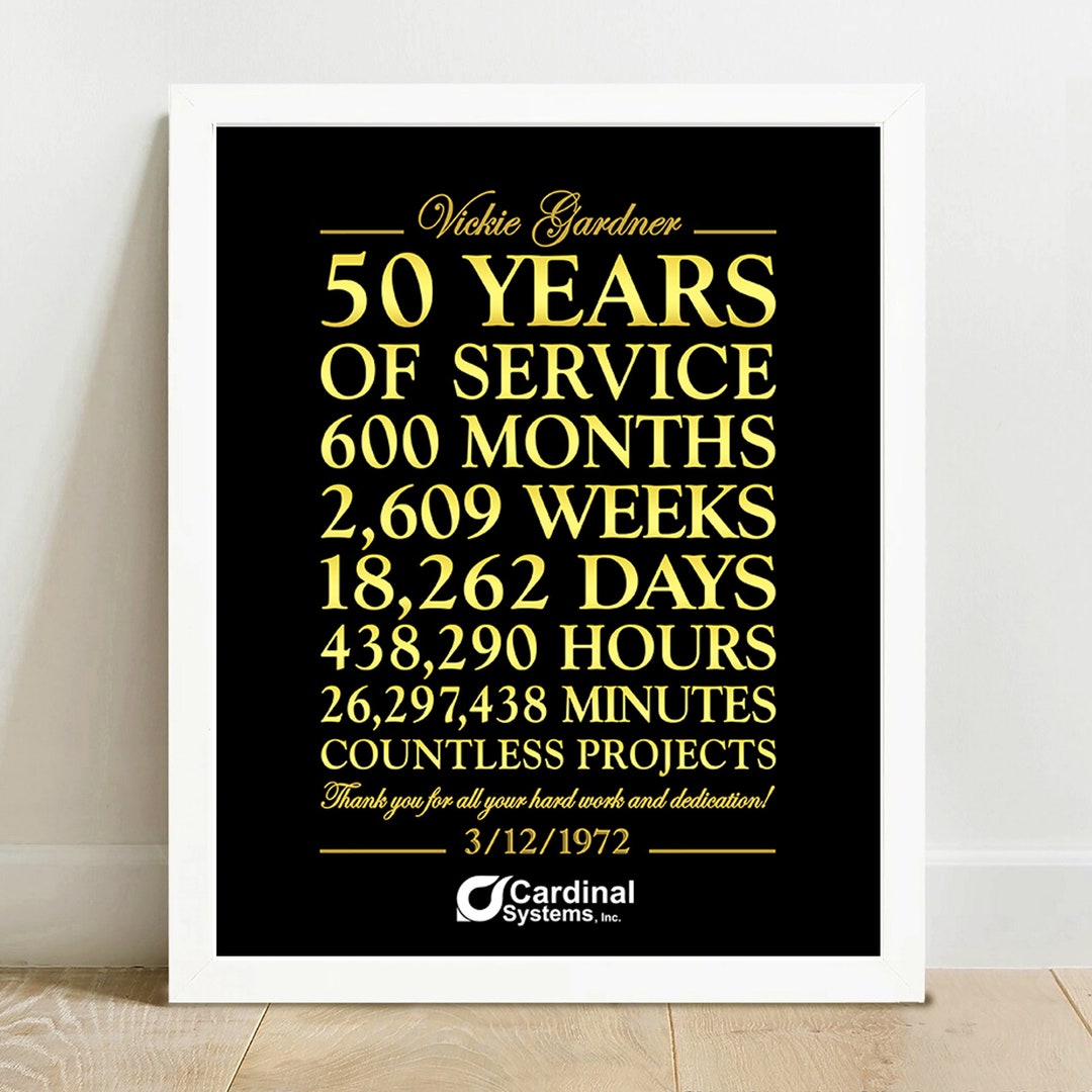 Personalized 50th Work Anniversary Gift 50 Years or Any Year of Service Custom Thank You Gift ...