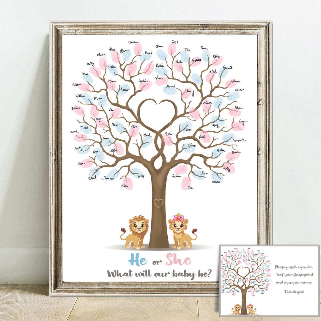 Lion Gender Reveal Tree Fingerprint Guest Book, Blue or Pink He or She ...