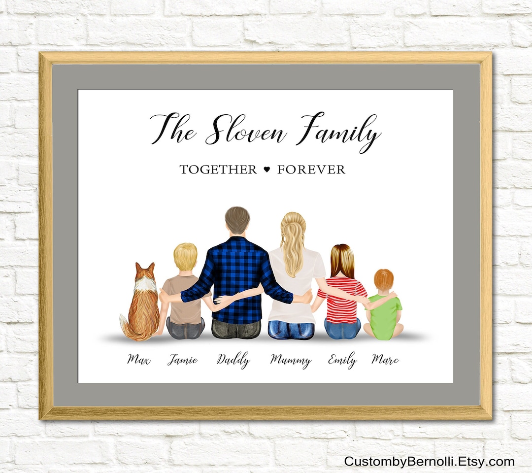 Custom Family Portrait With Pet, Personalized Family Print With Dog ...