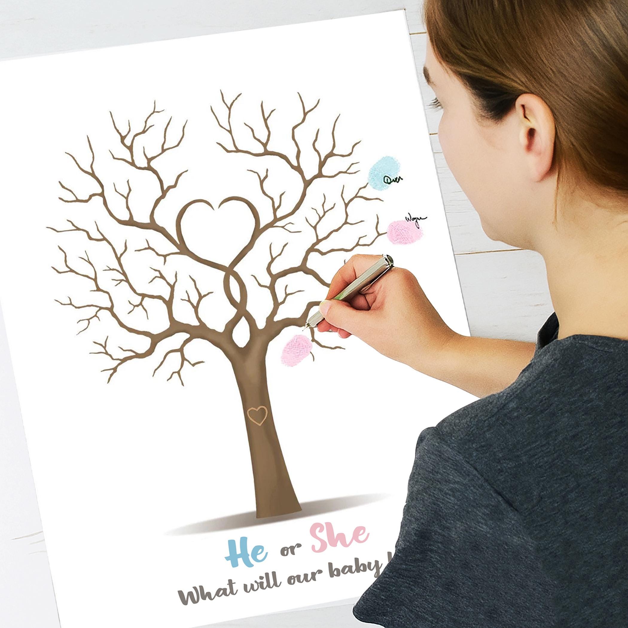 Gender Reveal Tree Fingerprint Guest Book PRINT, He or She Baby Shower ...