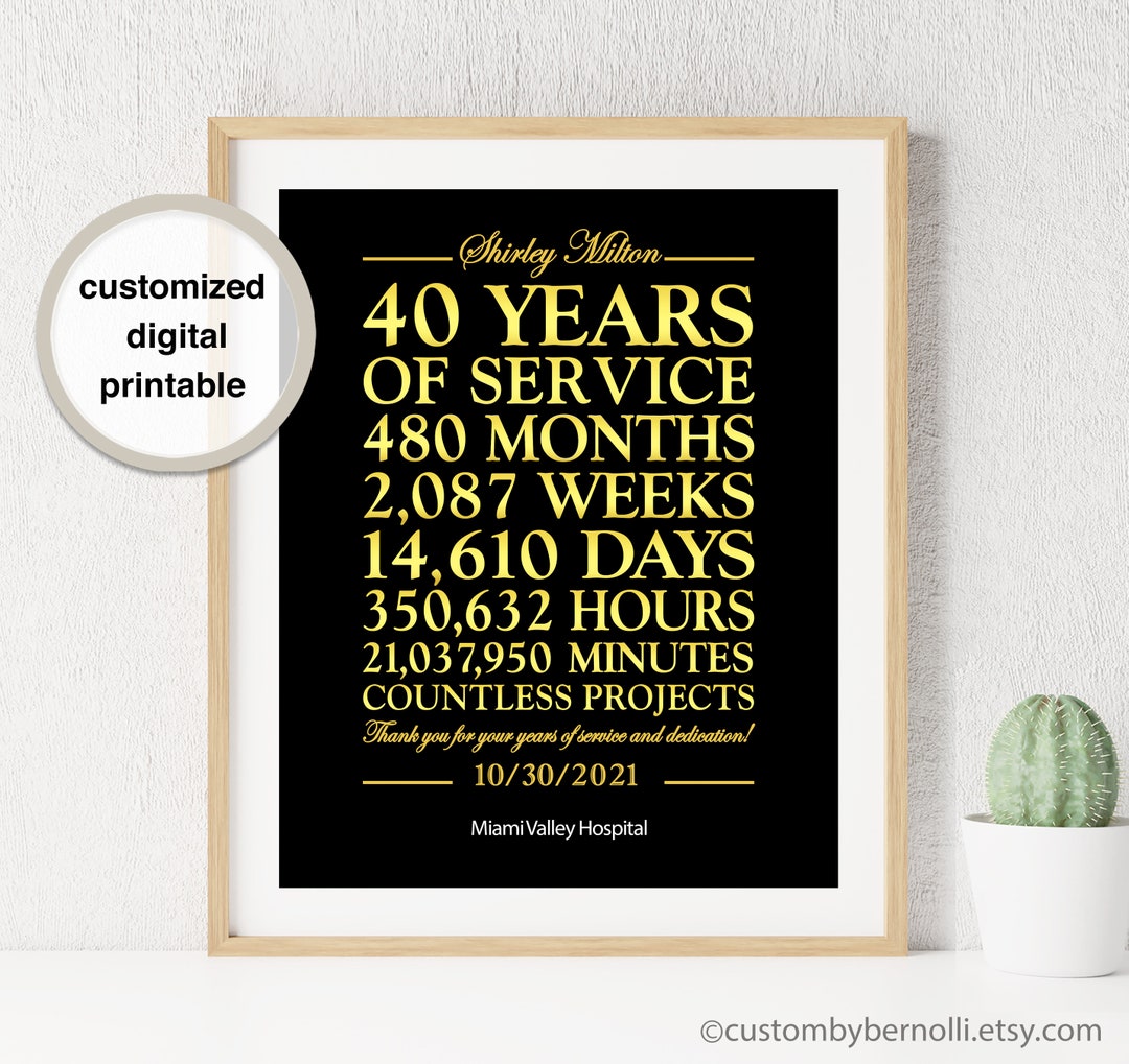 Personalized Work Anniversary Gift 40 Years or Any Year of Service ...