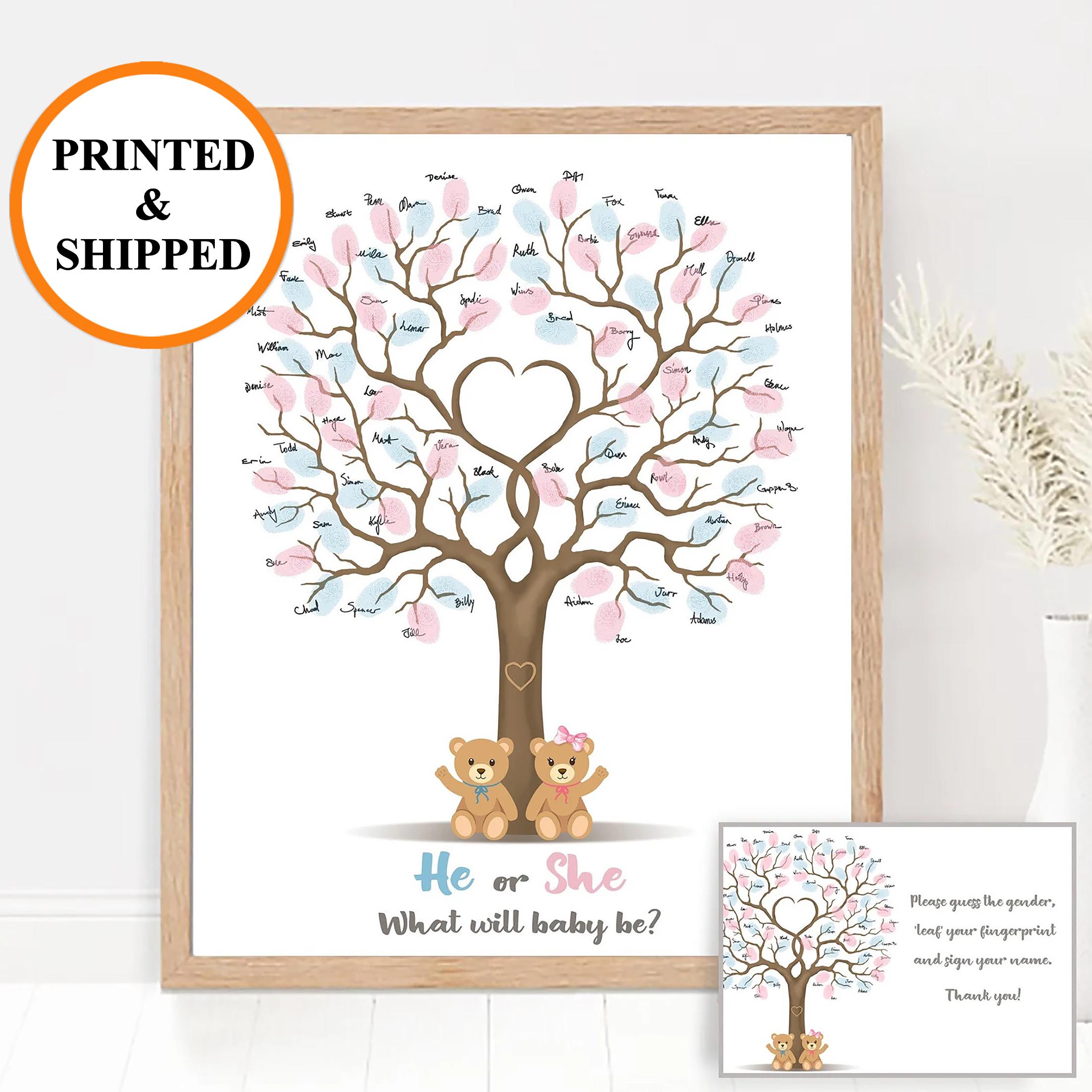 Teddy Bear Gender Reveal Tree PRINT Fingerprint Guest Book, Blue or ...