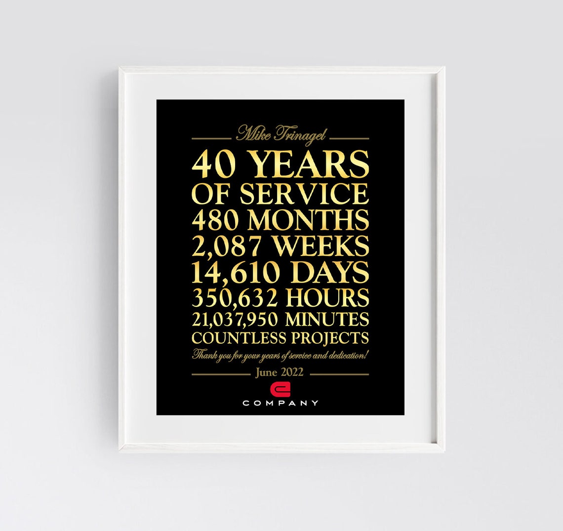 Personalized Work Anniversary Gift 40 Years or ANY YEAR | Etsy