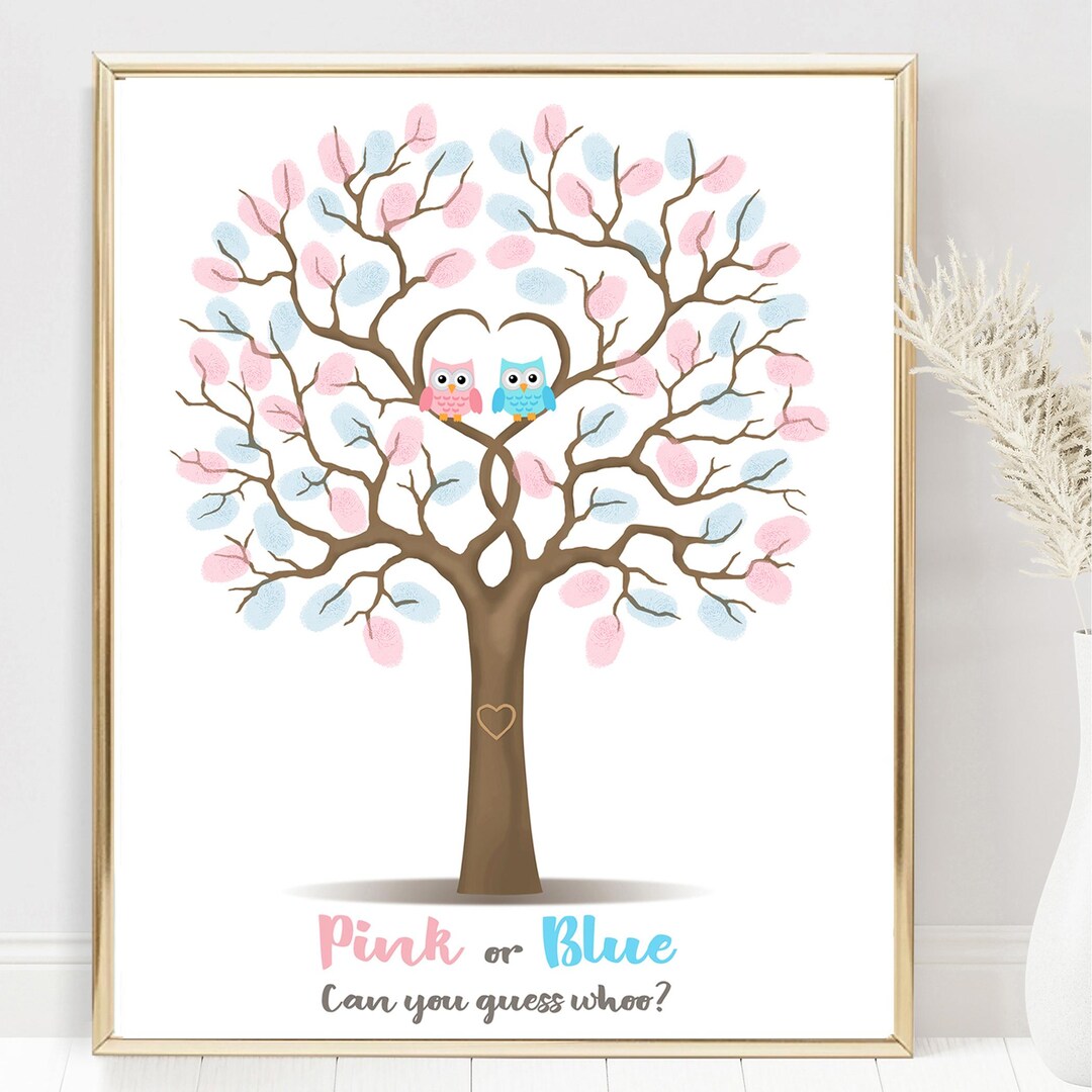 Owl Gender Reveal Tree Fingerprint Guest Book, Blue or Pink He or She ...