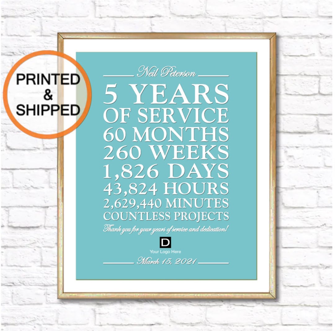 Personalized 5 Year Work Anniversary PRINT, 5 Years of Service, Custom ...