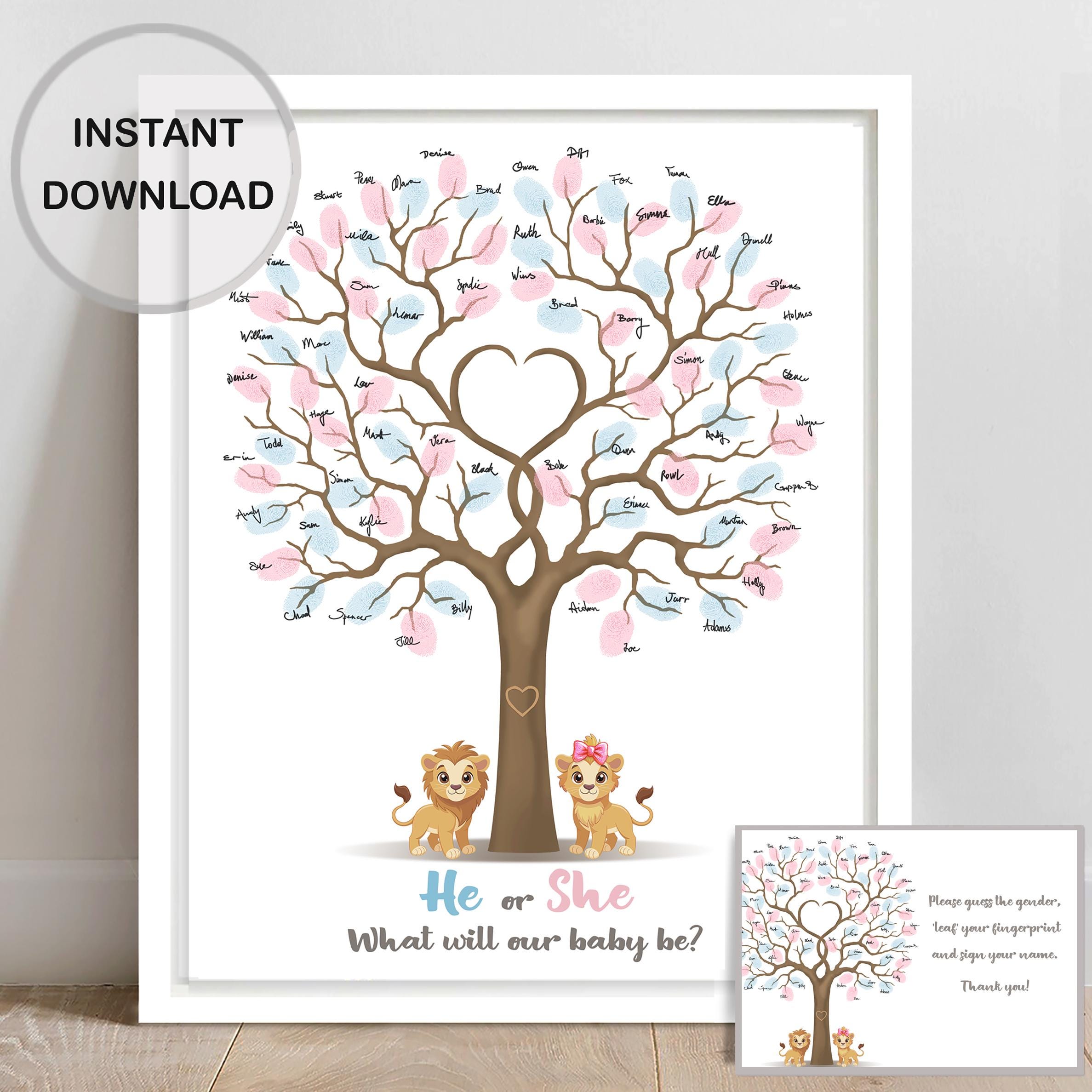 Lion Gender Reveal Fingerprint Guest Book PRINT, Blue or Pink He or She ...