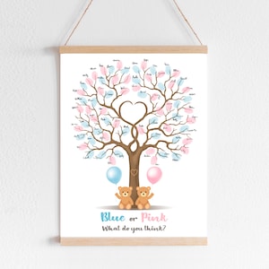 Teddy Bear Gender Reveal Tree Fingerprint Guest Book, Blue or Pink He ...