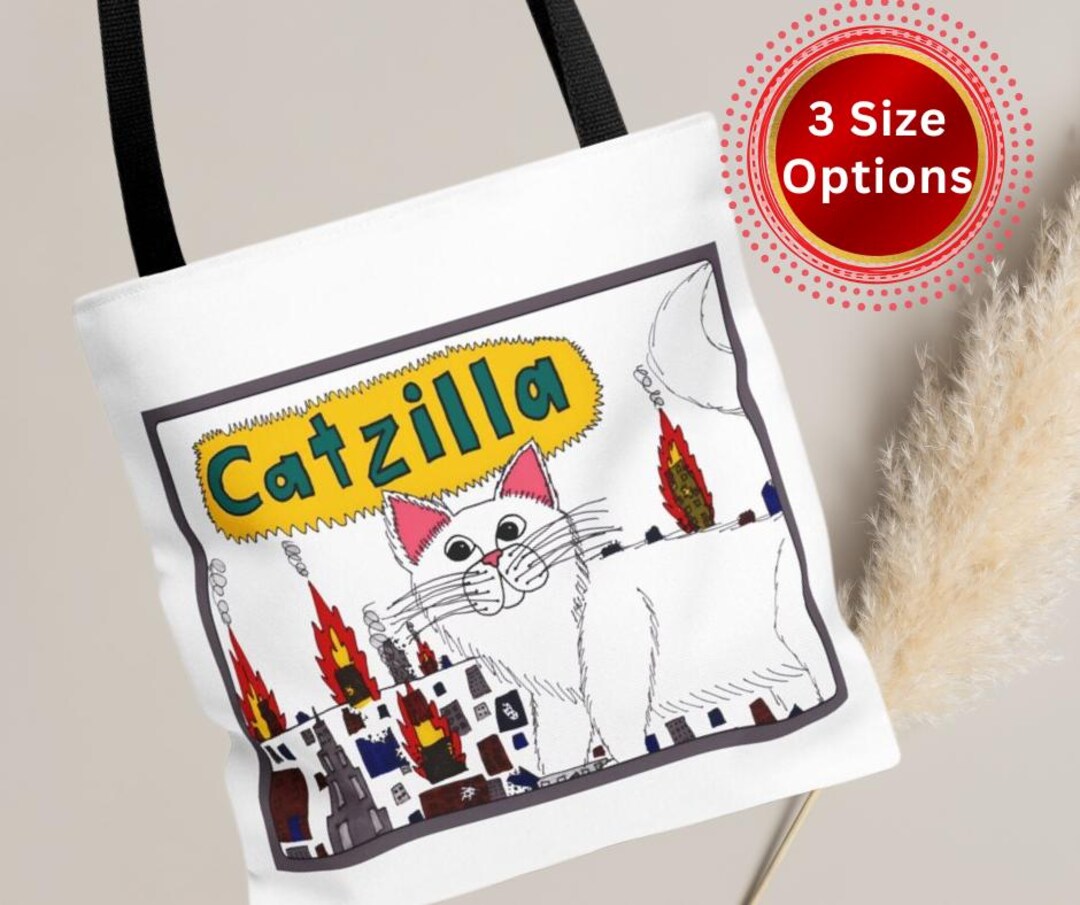 Cute Catzilla Tote, Silly Godzilla Cat Shopping Bag, Fun Comic Book ...
