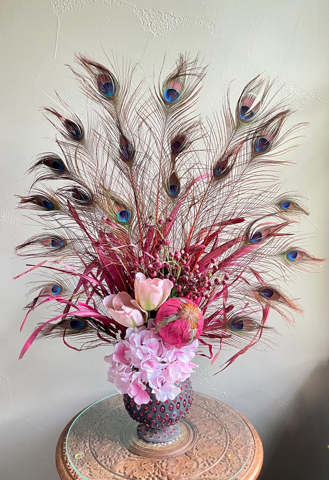 Elegant Peacock Feather Centerpiece: Pink and Maroon Home Decor - Etsy