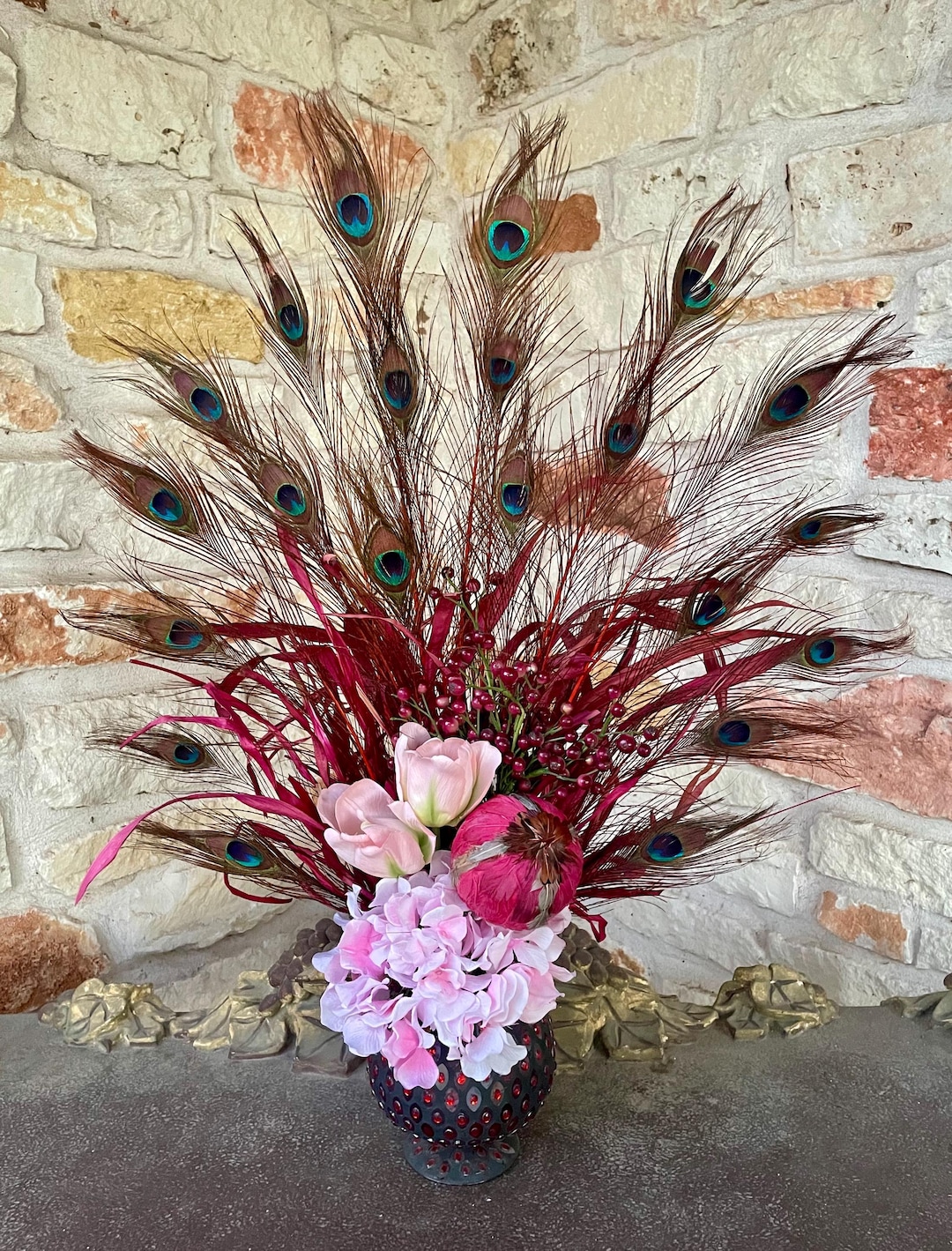 Large Peacock Feather Floral Arrangement Elegant Chic Home Decor With ...