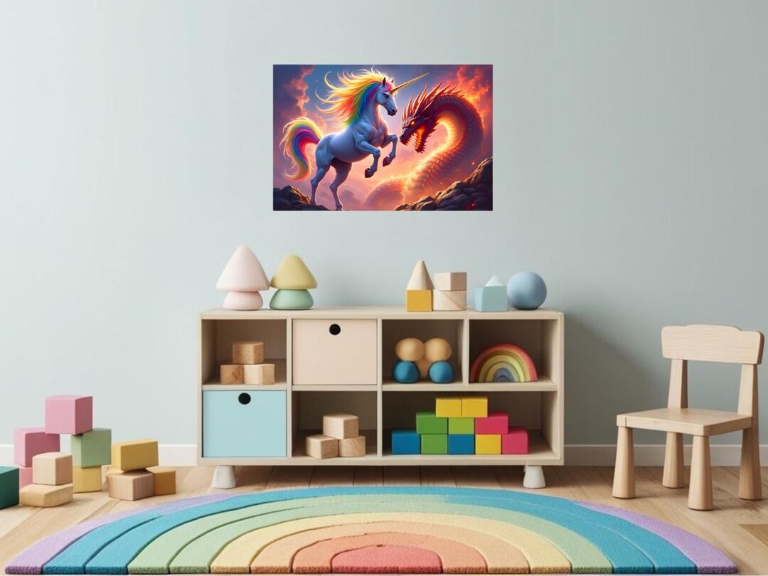 Rainbow Unicorn & Dragon Poster- Playful Wall Art for Kids Bedroom ...