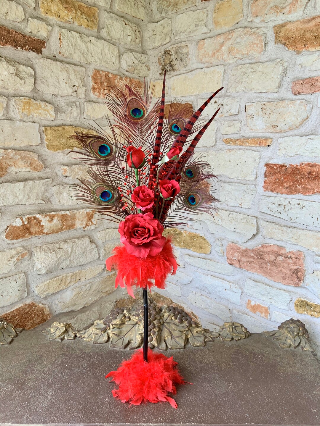 Tall Peacock Feather Flower Arrangement With Red Roses Modern ...