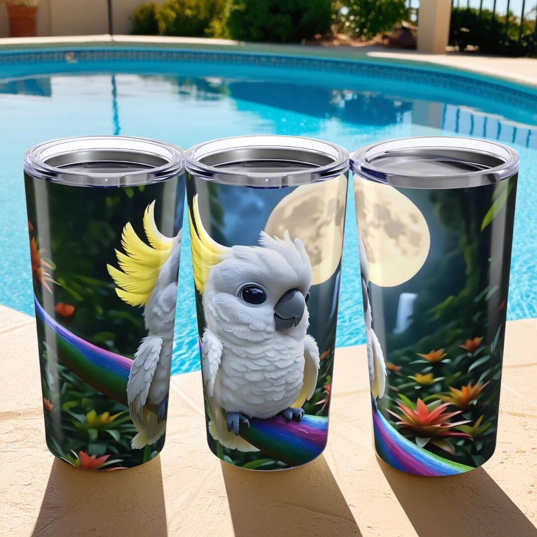 Parrot Tumbler 20oz - Cute White Cockatoo & Moon Tall Skinny Stainless ...