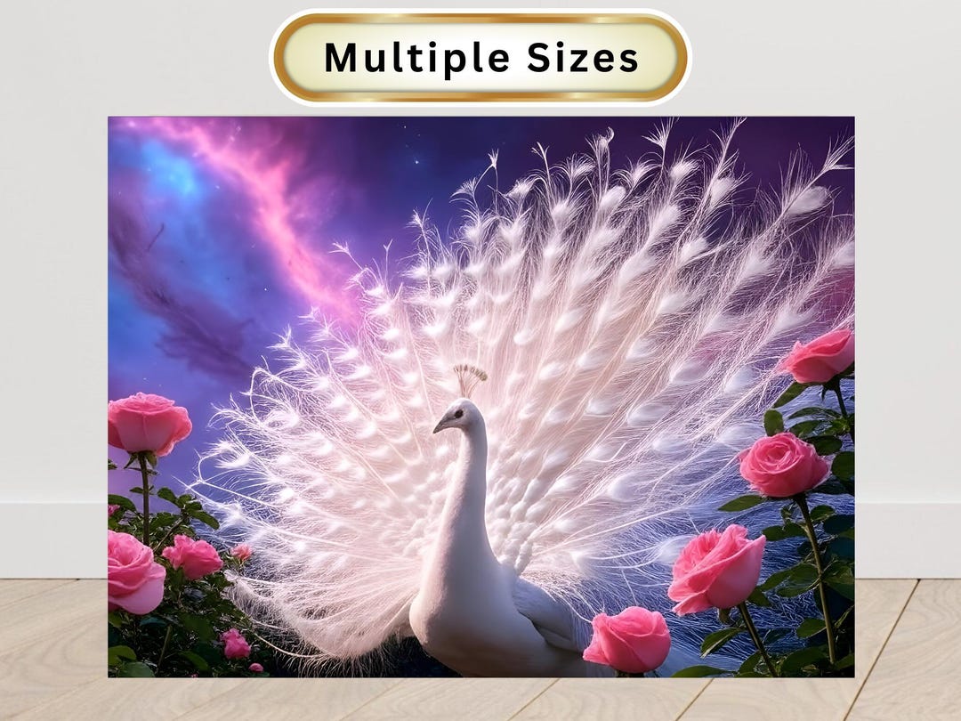 White Peacock Poster- Pretty Pink and Purple Exotic Bird With Roses ...