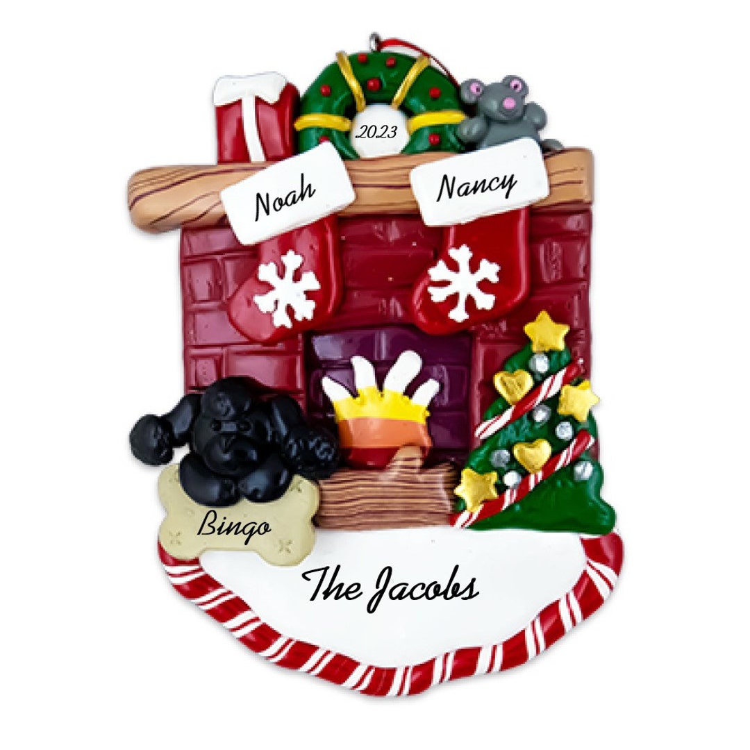 Family of 2-6 With Black Poodle Dog at the Fireplace Personalized ...