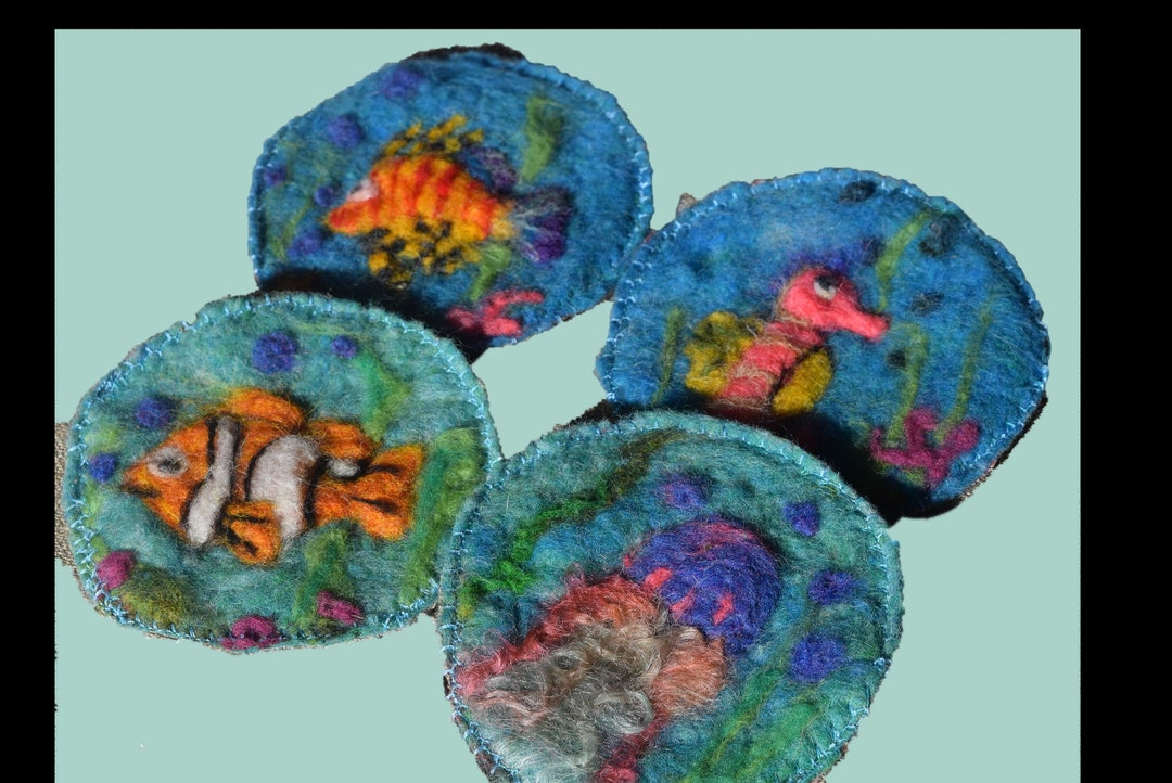 Needle Felted Wool Coaster Set, Ocean Theme Coaster Sets, Blue Coaster ...
