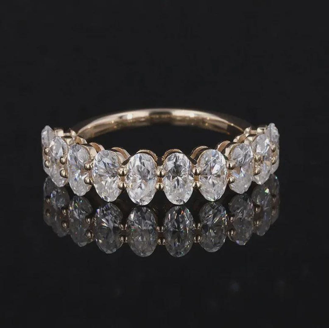 Oval Diamond Half Eternity Band, Lab Grown CVD Diamond Band, 18K Yellow ...