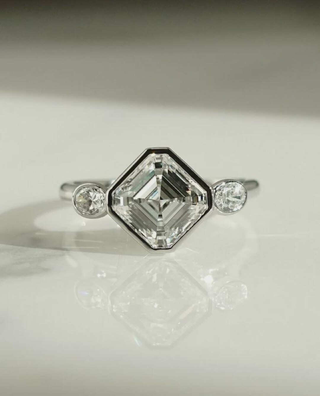Bezel Set Three Stone Engagement Ring 3 CT Asscher Cut Three Stone ...