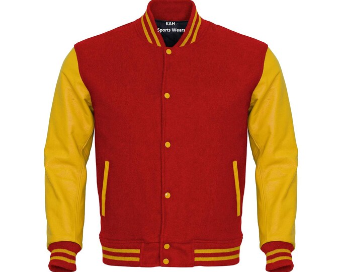 Custom Varsity Jacket Red Wool Body Yellow Leather Sleeves Personalized ...