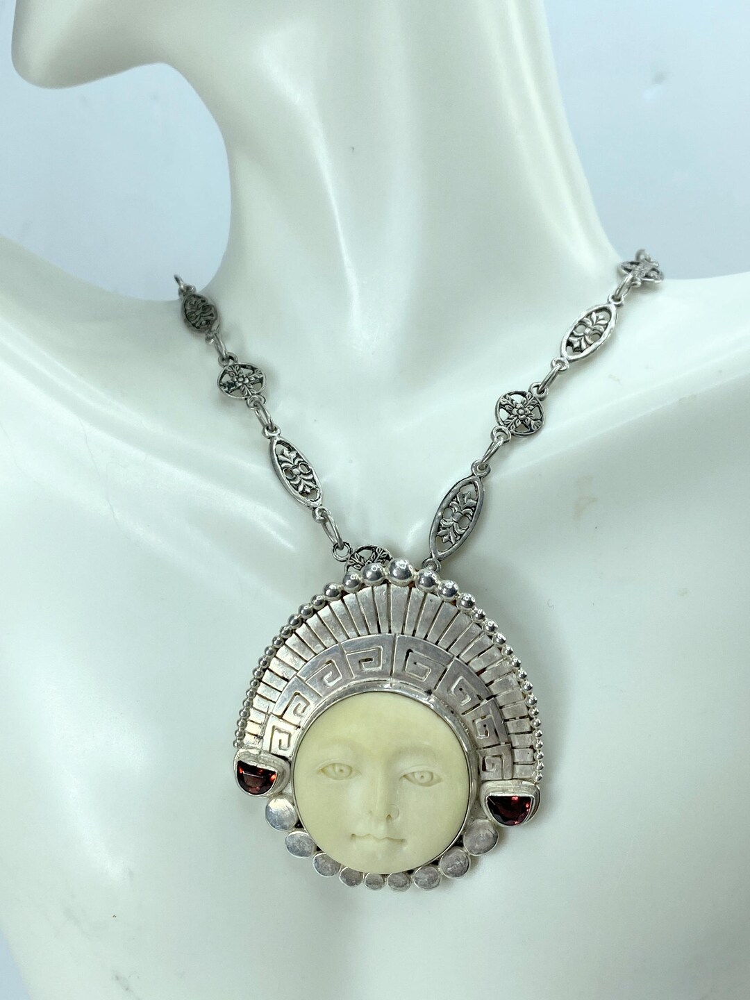 Sajen Aztec Face With Headdress Garnet Gem Ornate Filigree Link ...