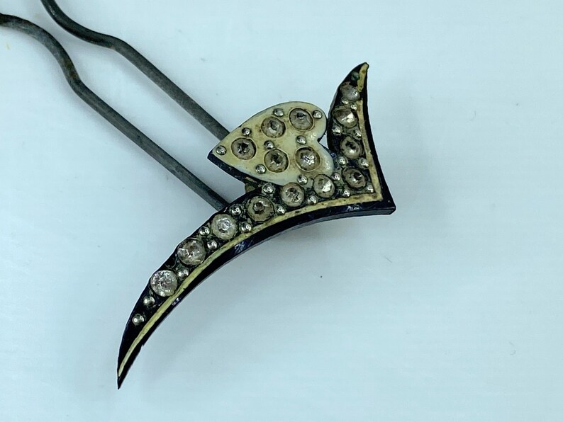 Antique Floral Hair Comb, Enamel Floral Design, Rhinestone Heart Shaped ...