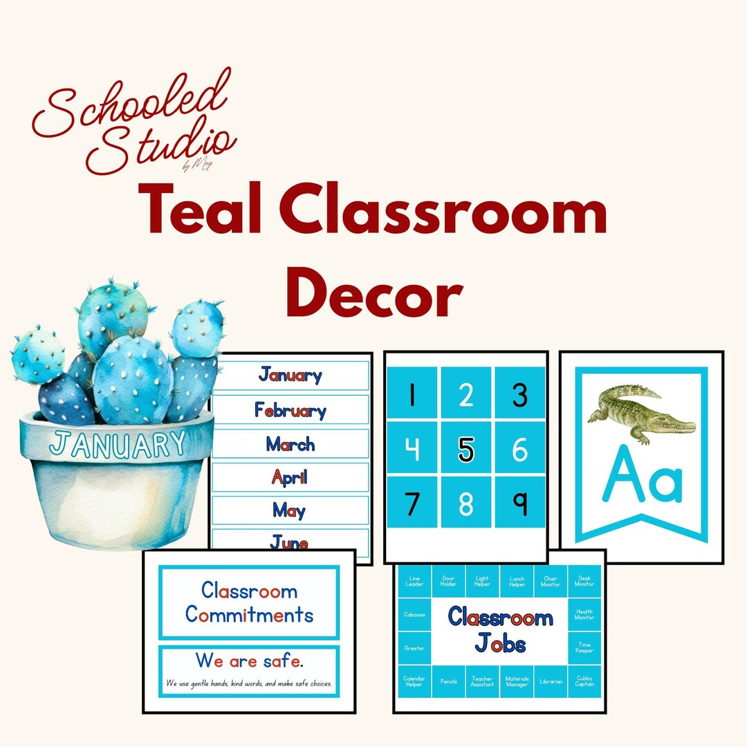 Printable TEAL Classroom Decor Bundle | Visual Calendar, Jobs, Center ...
