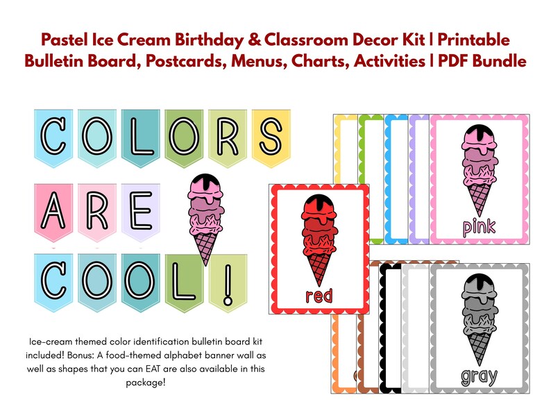 Pastel Ice Cream Birthday & Classroom Decor Kit | Printable Bulletin ...
