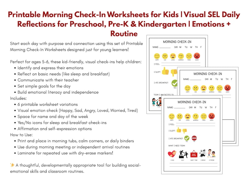 Printable Morning Check-in Worksheets for Kids | Visual SEL Daily ...