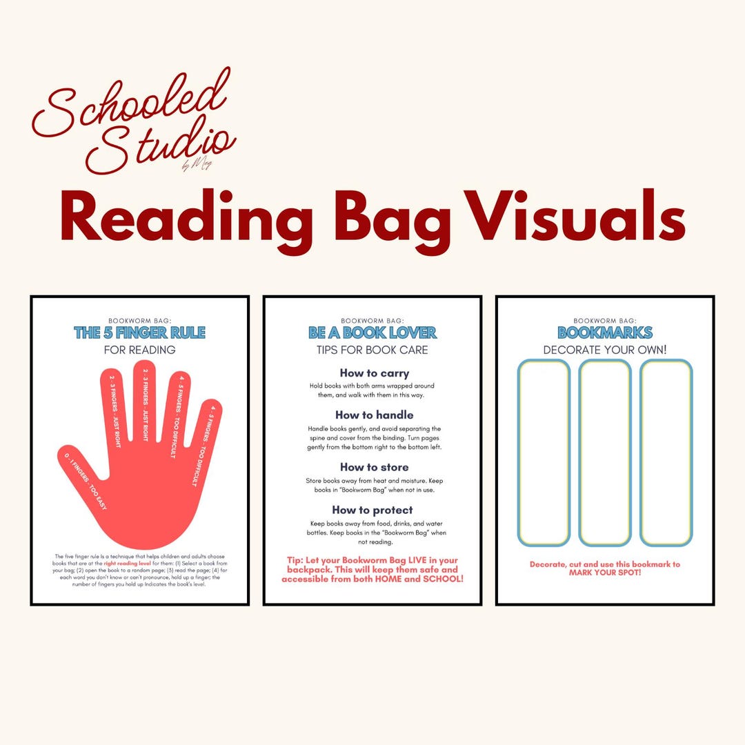 Bookworm Bag Visuals for Kids | Reading Tips, Five Finger Rule, Book ...