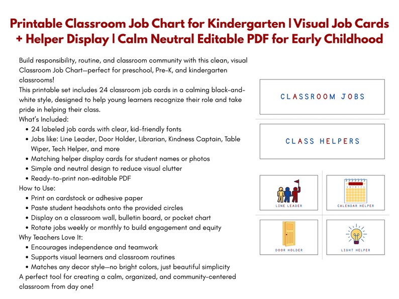 Printable Classroom Job Chart for Kindergarten | Visual Job Cards ...