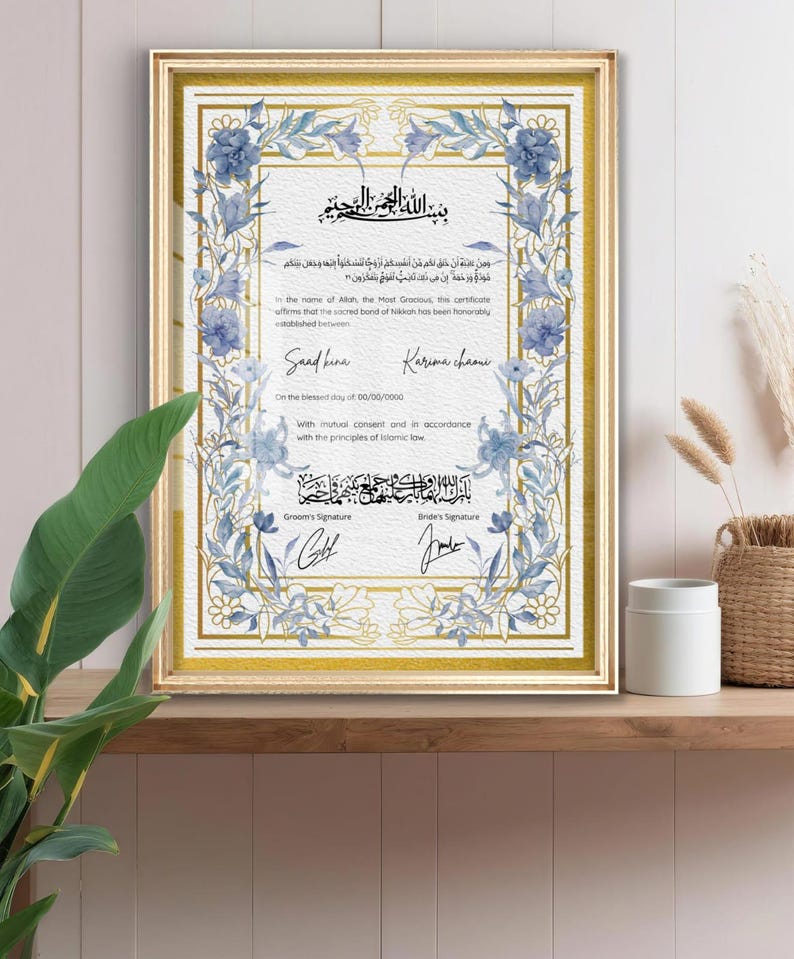 Custom Digital Nikkah Certificate(instant Download).blue & Gold Floral ...