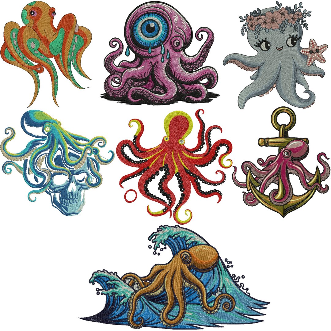 Octopus Embroidery Design, Octopus and Flowers Motif, Intricate Octopus ...