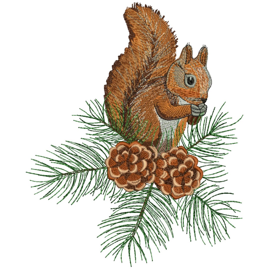 Squirrel Embroidery Design, Squirrel and Branch Motif, Floral Squirrel ...