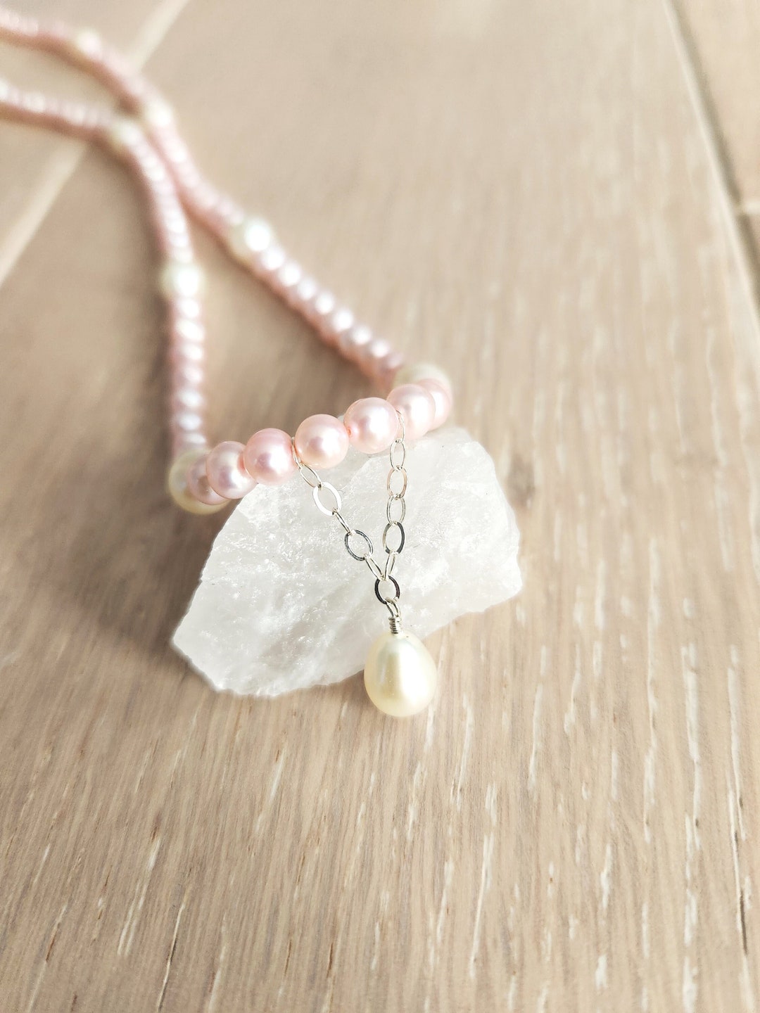 Pink Pearl Strand Necklace - White Freshwater Pearl Accents - ZOE - Etsy