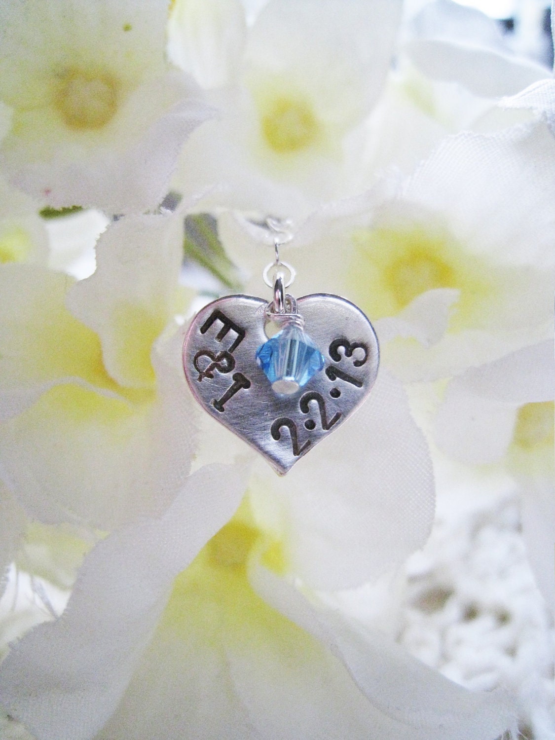 Custom Handstamped Sterling Silver Bouquet Charm - Swarovski Crystal or ...
