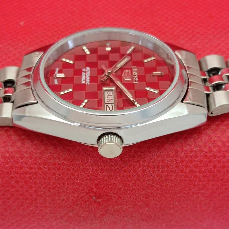 Vintage Seiko 5 Automatic Watch: Red Dial, Transparent Back, Day-date ...