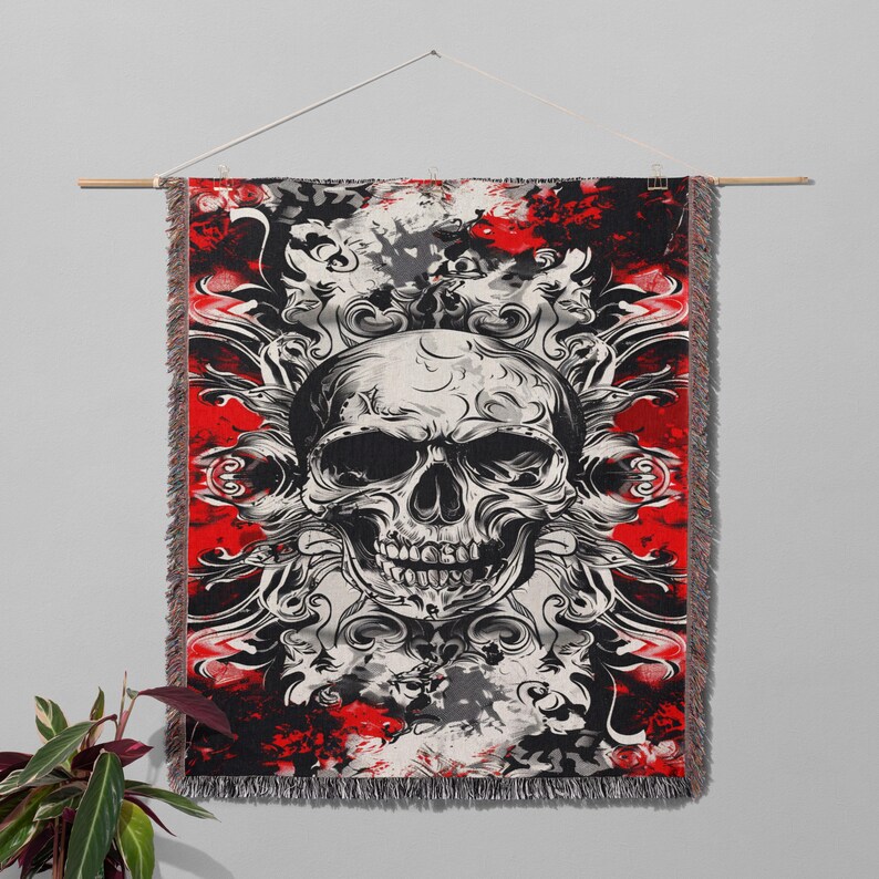 Fire Skull Gothic Woven Blanket 100% Cotton – Red Black Horror Skull ...
