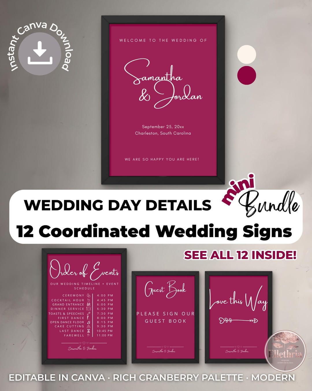 Editable Wedding Sign Bundle Cranberry: Welcome Sign + Day-of Details ...