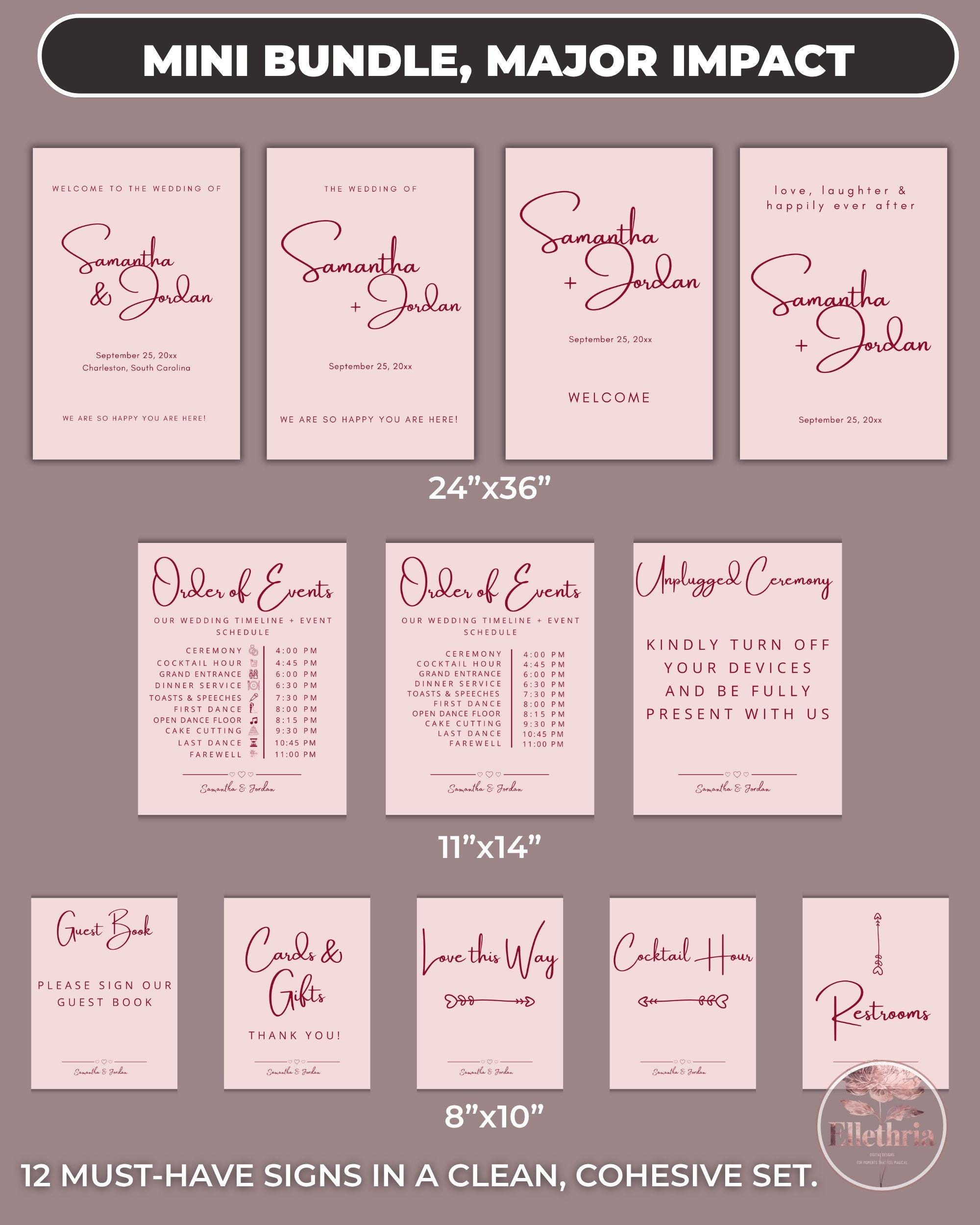 Editable Wedding Sign Bundle Cherry Bloom Canva Template | Welcome Sign ...