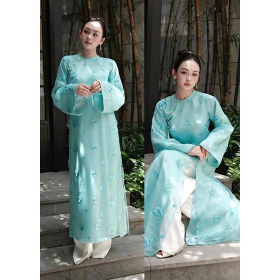 Elegant Vietnamese Ao Dai – Long Sleeve 4 Panel Dress in Embroidered ...