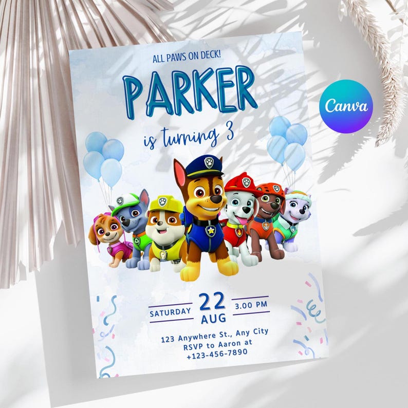 Editable Paw Patrol Birthday Invite| Blue Paw Birthday Kids Card| Paw ...