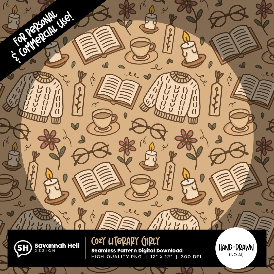 Cozy Bookish Seamless Pattern: Hand-drawn Books, Bookmarks, Sweaters ...