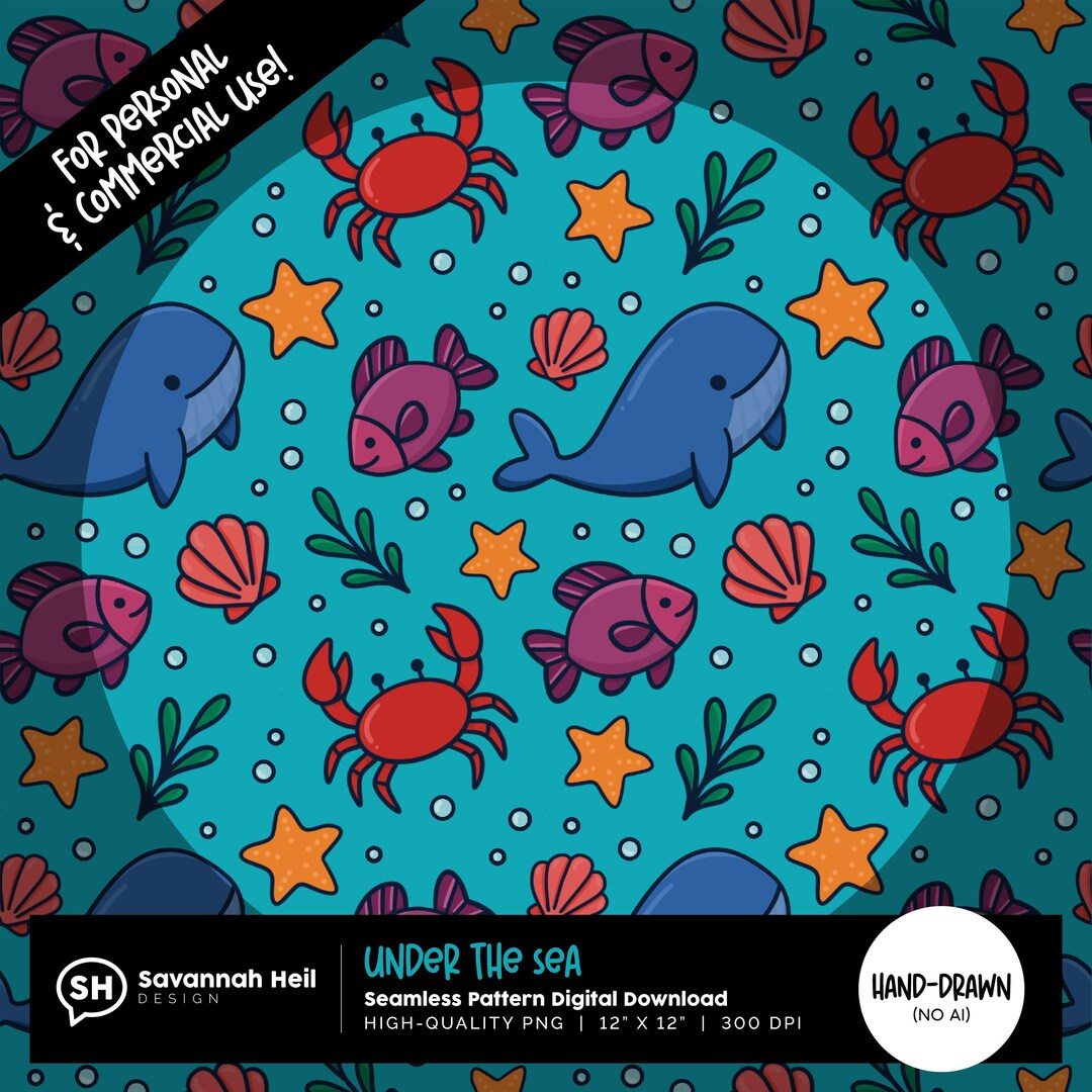 Under the Sea Seamless Pattern: Ocean Animals, Hand-drawn Fish, Cute ...