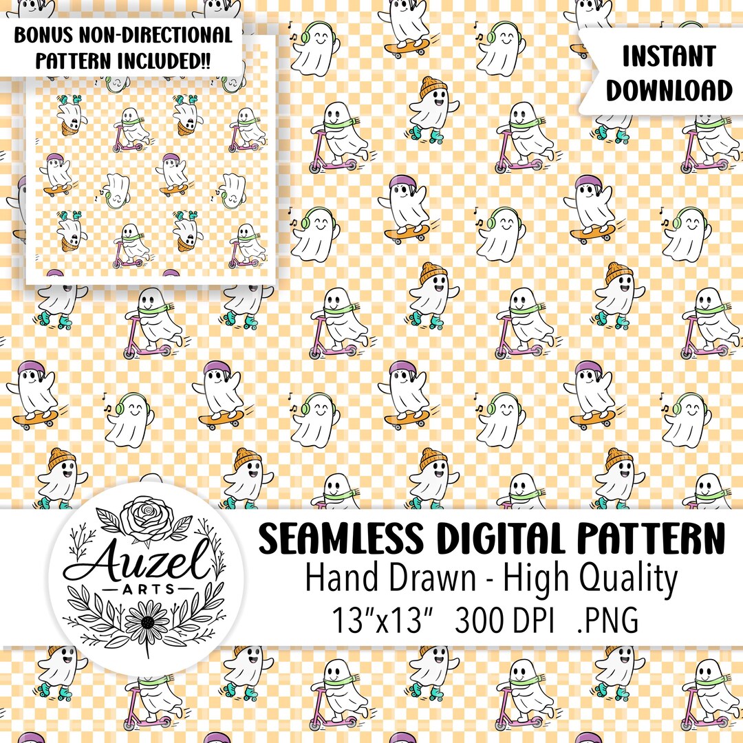 Cute Halloween Ghosts Seamless Pattern PNG, Hand Drawn Digital Download ...