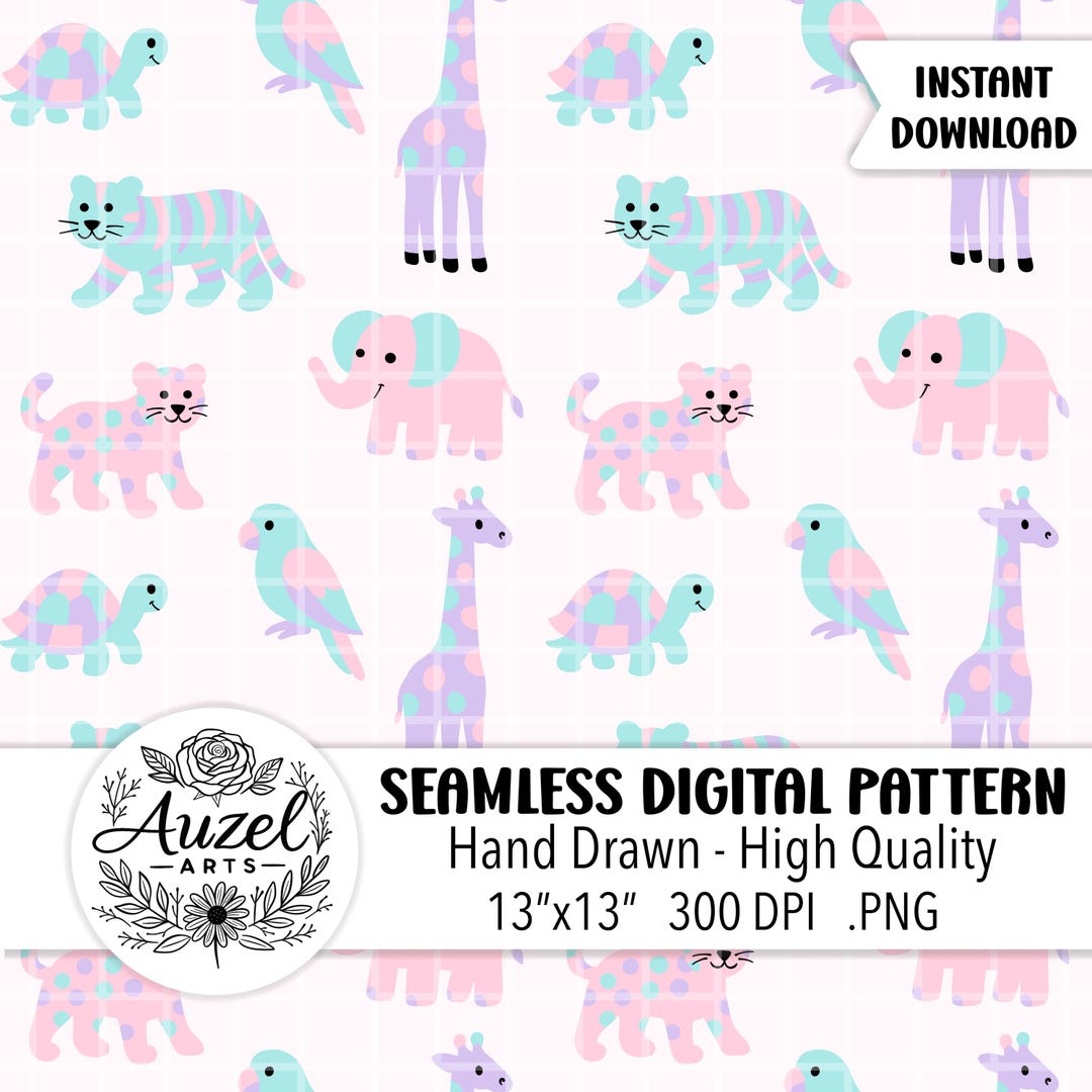 Girly Zoo Safari Animals Seamless Pattern PNG, Hand Drawn Digital ...